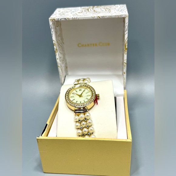 Charter Club | Accessories | Charter Club Gold Tone Pearl Strap Quartz ...
